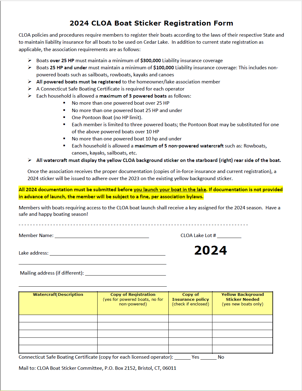 Boat Registration - Cedar Lake Owner's AssociationCedar Lake Owner's ...